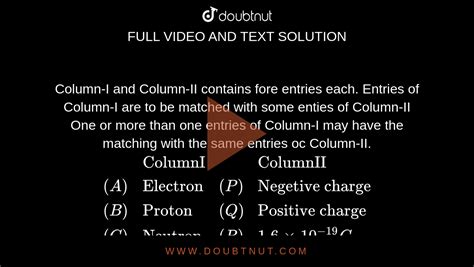 Column I And Column Ii Contains Fore Entries Each Entries Of Column I
