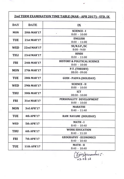 Revised 2nd Term Time Table 2016 17 For Std Ix St Marys High School