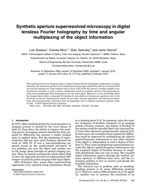 Pdf Synthetic Aperture Superresolved Microscopy In Digital Lensless