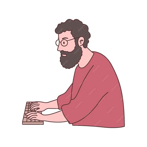 Premium Vector Bearded Man Freelance Employee Cartoon Character Typing On The Keyboard