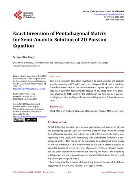 Pdf Exact Inversion Of Pentadiagonal Matrix For Semi Analytic