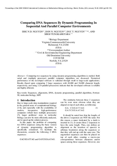Pdf Comparing Dna Sequences By Dynamic Programming In Sequential And