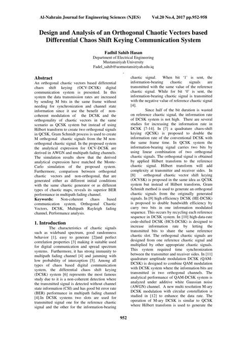 PDF Design And Analysis Of An Orthogonal Chaotic Vectors Based Differential Chaos Shift Keying