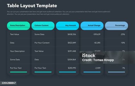 Table Layout Template With Five Colorful Columns Dark Version Stock