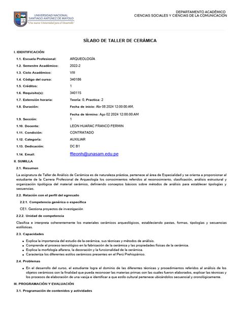 Silabo Taller De CerÁmica 2024 Pdf Cerámica Cerámica