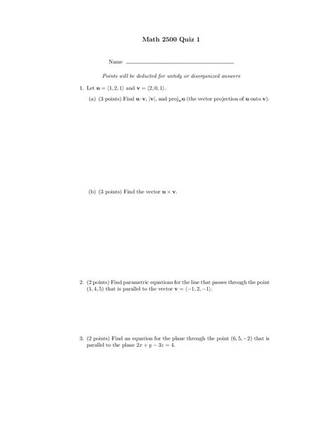 Multivariable Calculus Quiz 1 Unsolved Questions Math 2500 Docsity