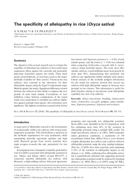 Pdf The Specificity Of Allelopathy In Rice Oryza Sativa