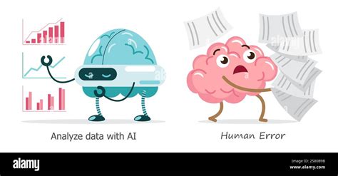 Ai Brain Vs Human Brain In Data Analysis Cartoon Character Vector