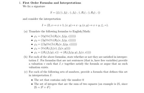solved 1 first order formulas and interpretations we fix a