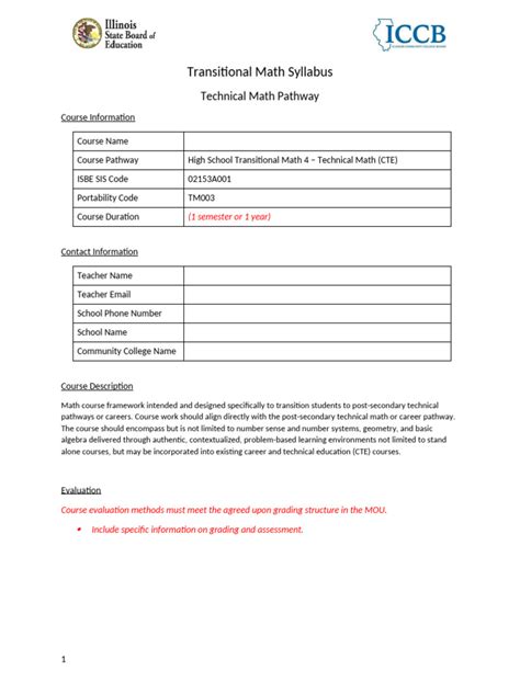 Transitional Math Syllabus Template Tech Math Pdf Mathematics
