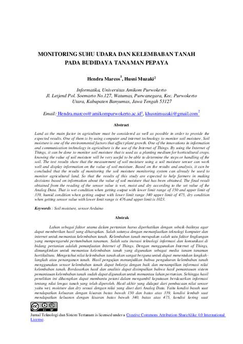 Pdf Monitoring Suhu Udara Dan Kelembaban Tanah Pada Budidaya Tanaman Pepaya