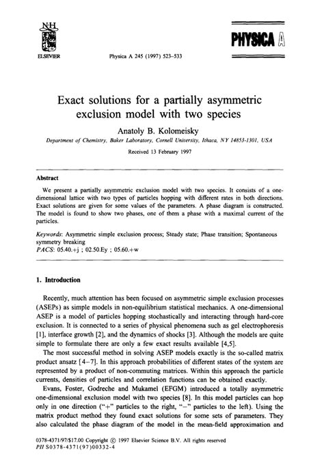 Pdf Exact Solutions For A Partially Asymmetric Exclusion Model With Two Species