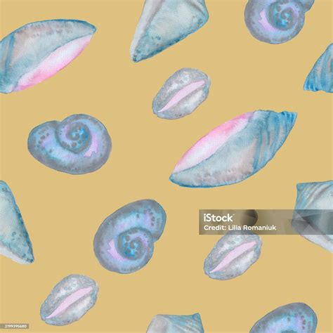 바다 조개 완벽 한 패턴은 베이지 색 배경 수채화 일러스트 베이스에 고립되어 섬유 디자인 스티커 카드 배너에 대 한 합니다 Unmanned Spacecraft에 대한 스톡