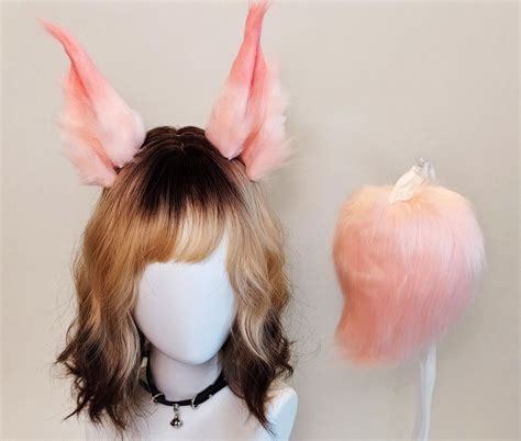 Realistic Pink Fox Faux Fur Ears Tail Wig Choker Set Furry Cosplay T