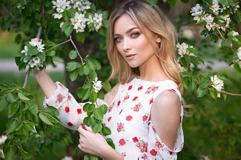 아름다운 피는 여름 정원에서 가벼운 드레스를 입은 아름다운 파란 눈의 여성의 초상화 20 24세에 대한 스톡 사진 및 기타 이미지 20 24세 갈색 머리 감각 지각