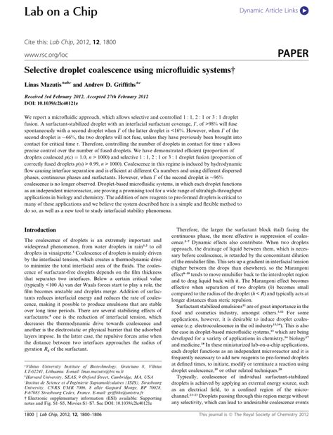 Pdf Selective Droplet Coalescence Using Microfluidic Systems