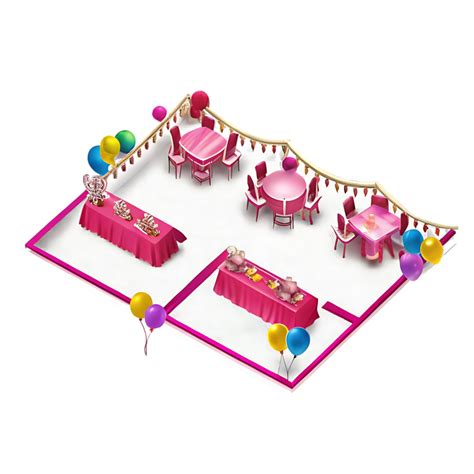 Pink Party Setup With Tables Chairs Balloons And Decorations For A