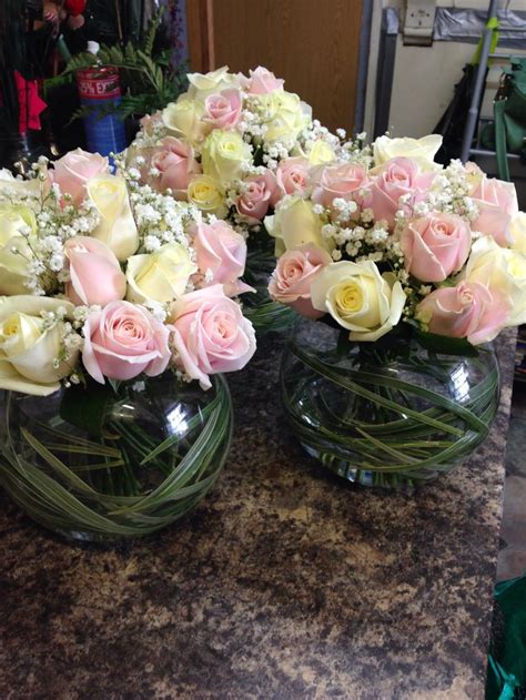 Fishbowl Table Arrangements Of Avalanche And Sweet Avalanche Roses