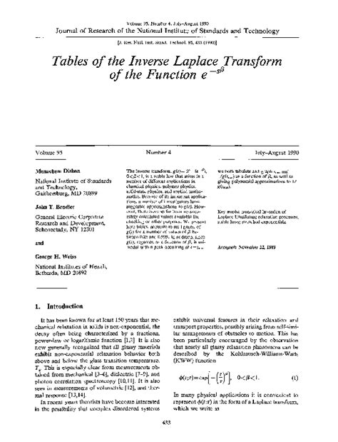 Pdf Tables Of The Inverse Laplace Transform Of The Function E S Beta