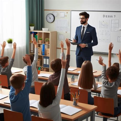 Premium Photo Teacher Teaching In Class And Students Raising Their Premium Photo Teacher Teaching In Class And Students Raising Their