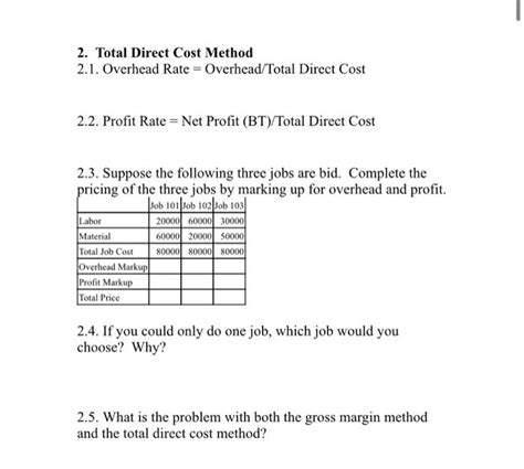 solved 2 total direct cost method 2 1 overhead rate