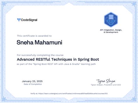 Course Certificate For Advanced Restful Techniques In Spring Boot Codesignal Learn