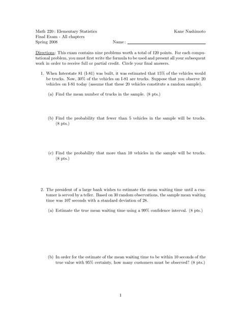 7 Problems In Final Examination Elementary Statistics Math 220 Docsity