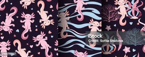 귀여운 핑크 아홀로틀과 해초를 사용한 원활한 패턴 세트 수중 세계 바다 주민 직물 벽지 포장지 스크랩북 등에 적합합니다 가공의 인물에 대한 스톡 벡터 아트 및 기타 이미지