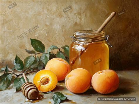 Ai创作图静物黄桃 桃蜜 手绘枇杷蜜 黄桃蜜饯 杏花蜜 枇杷蜂蜜 杏酱 杏圆瓶 甜蜜桃油 桃油 蜂糖桃 静物鲜桃 黄杏罐头 熟透的杏 枇杷蜜 昵图网