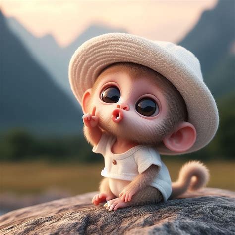 Cute Monkey Riko In Hat With Mountain Background