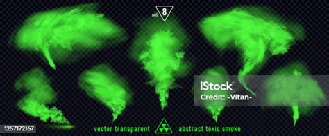 녹색 연기 세트 8 투명 한 배경에 격리 매직 미스트 구름 화학 독성 가스 증기 파 녹색 나쁜 냄새의 현실적인 세트 사실적인 그림입니다 벡터 Eps10 방귀에 대한 스톡