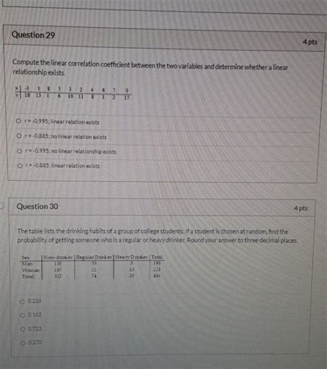 question 29 4 pts compute the linear correlation coefficient between