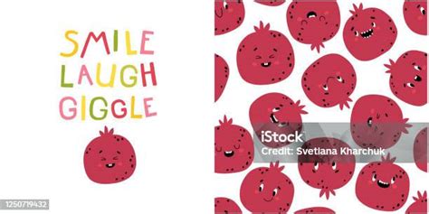 석류 인사말 카드와 비문 미소 웃음 웃음 웃음 창조적 인 원활한 패턴 행복한 얼굴과 재미있는 캐릭터 심플한 손으로 그린 스칸디나비아 스타일로 만화 벡터 일러스트 0명에 대한