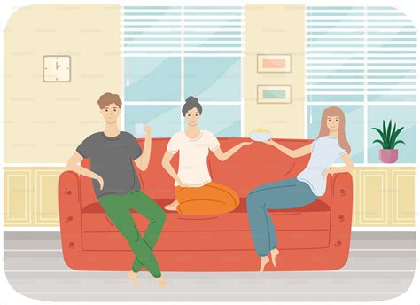 함께 휴식을 취하는 친구들 남자와 여자는 거실에서 시간을 보낸다 인테리어 디자인 거실 사람들은 집에서 쉬고 있습니다 친구들과의 공동 취미 여자들은 팝콘을 먹고