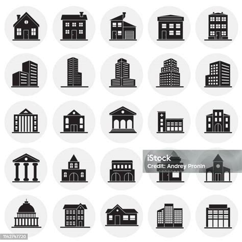 건물 아이콘 그래픽 및 웹 디자인에 대 한 Cirlces 배경에 설정 합니다 간단한 벡터 기호입니다 웹 사이트 버튼 또는 모바일 앱에 대 한 인터넷 개념 기호입니다 0명에