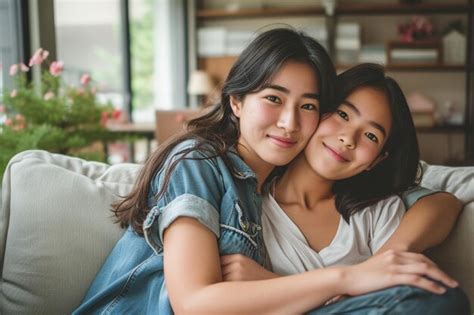 Une Jeune Mère Japonaise Joyeuse Et Heureuse Avec Sa Fille Adolescente