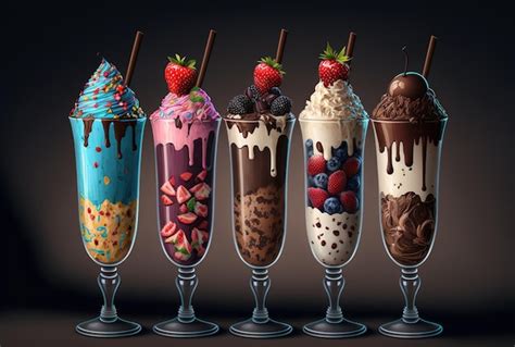 Premium Ai Image A Variety Of Milkshake Glasses With Chocolate And Fruits