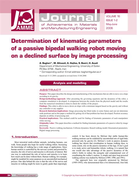 Pdf Determination Of Kinematic Parameters Of A Passive Bipedal