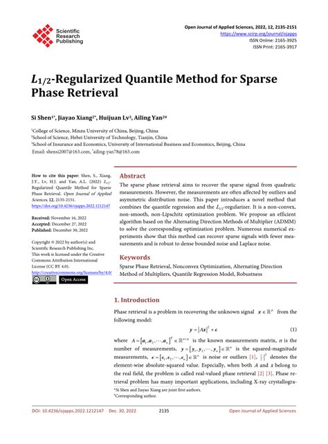 Pdf L 12 Regularized Quantile Method For Sparse Phase Retrieval