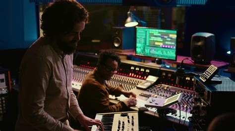 Musician Artist Playing Midi Controller Synthesizer In Recording Music Studio Composing Tracks