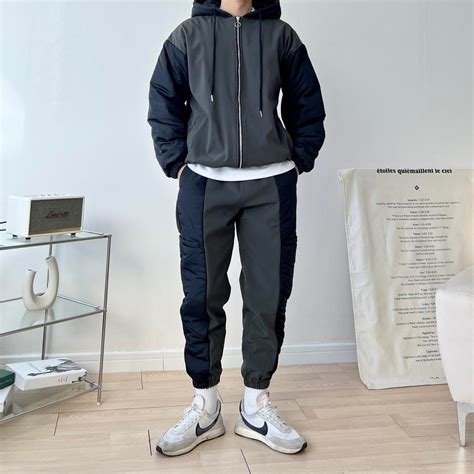 남자 패딩 융털 후드집업 카고 조거팬츠 회색 트레이닝 세트 헬로마켓