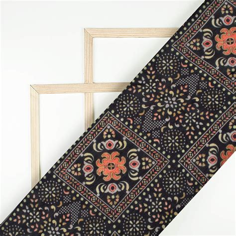 Black And Coral Peach Ethnic Pattern Digital Print Viscose Muslin Fabr