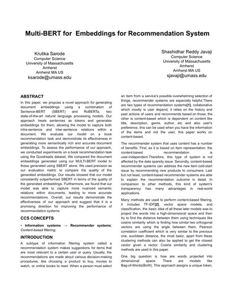 Pdf Multi Bert For Embeddings For Recommendation System