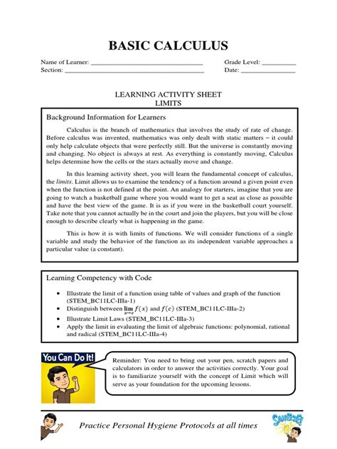 Basic Calculus Learning Activity Sheet Limits Background Information
