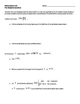 AP Calculus Differentiation Unit Free Response Questions By Chris Evans Math