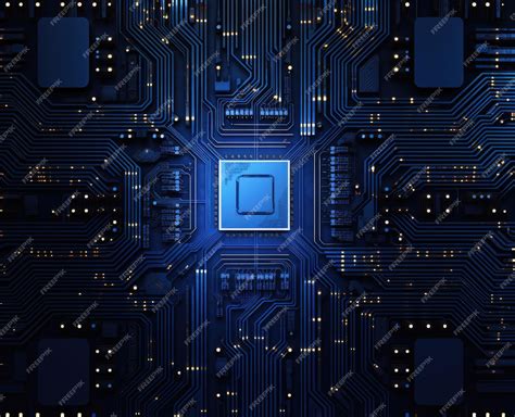 Premium Ai Image Blue Technology Chip Circuit Board With Dark Digital Pattern Background