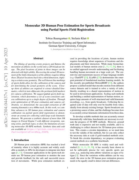 Pdf Monocular 3d Human Pose Estimation For Sports Broadcasts Using Partial Sports Field