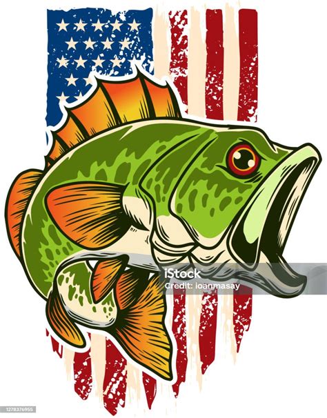 그런지 스타일로 미국 국기의 배경의베이스 물고기의 그림 포스터 카드 배너 기호 엠블럼을 위한 디자인 요소 벡터 일러스트레이션 낚시에 대한 스톡 벡터 아트 및 기타 이미지