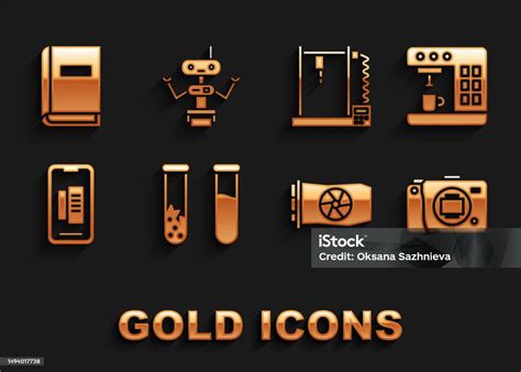 시험관과 플라스크 커피 머신 미러리스 카메라 비디오 그래픽 카드 스마트폰 휴대폰 3d 프린터 사용 설명서 및 로봇 아이콘을 설정합니다 벡터 3차원 형태에 대한 스톡 벡터