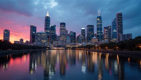 Melbourne City Skyline Reflects On Tranquil Water At Dusk City Lights